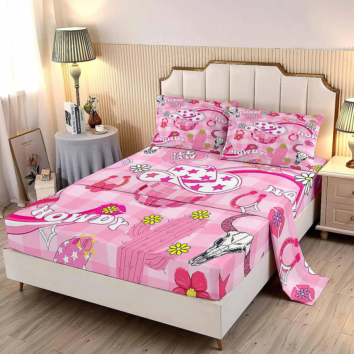 LUVIVIHOME 4PCS Disco Cowgirl Sheets Set, Queen Bed Sheet, Hot Pink Sheets, Preppy Bedding, Cowboy Boots Cow Skull Flower Cactus Aesthetic Girls Bedding, 1 Fitted Sheet & 1 Flat Sheet & 2 Pillowcases