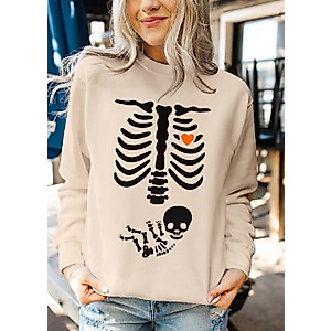 SOFEON Women Halloween Sweatshirt X-Ray Skeleton Maternity Sweatshirt Funny Pregnancy Announcement Crewneck Pullover Tops(Beige,XX-Large)