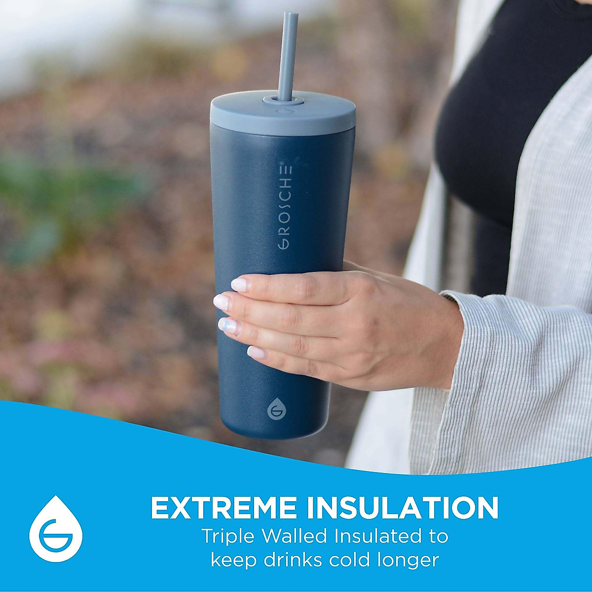 GROSCHE Jasper 23oz Tumbler with straw. Extreme Insulation, Classy Design, Built to Last, Insulated Stainless Steel Tumbler with Lid and Straw - Blue