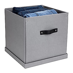 Bigso Logan Storage Box KD | Storage Cubes with Lid for Shelves and Cubical Room Organizers | Collapsible Storage Cube with Leather Handle for Organization | 12.4’’ x 12.4’’ x 12.2’’ (Grey)