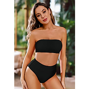 Pink Queen Plus Size 2 Piece Bikini Set for Women Strapless Sexy Cheeky High Waisted Swimsuit Bathing Suit Black 2XL