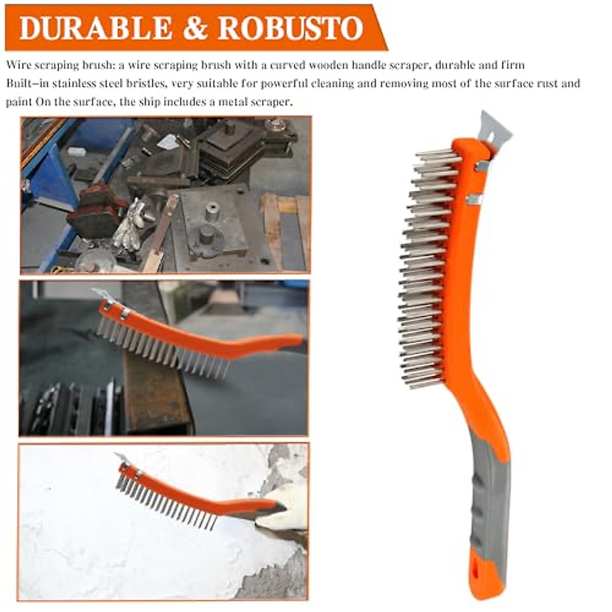 MAXMAN Wire Brushes 2 Pcs, 14 Inch Stainless & Carbon Steel Wire Scratch Brush, Wire Brush with Rubber Handle, Heavy Duty Wire Brushes with Metal Scraper for Cleaning Rust, Automotive, Paint, Welding