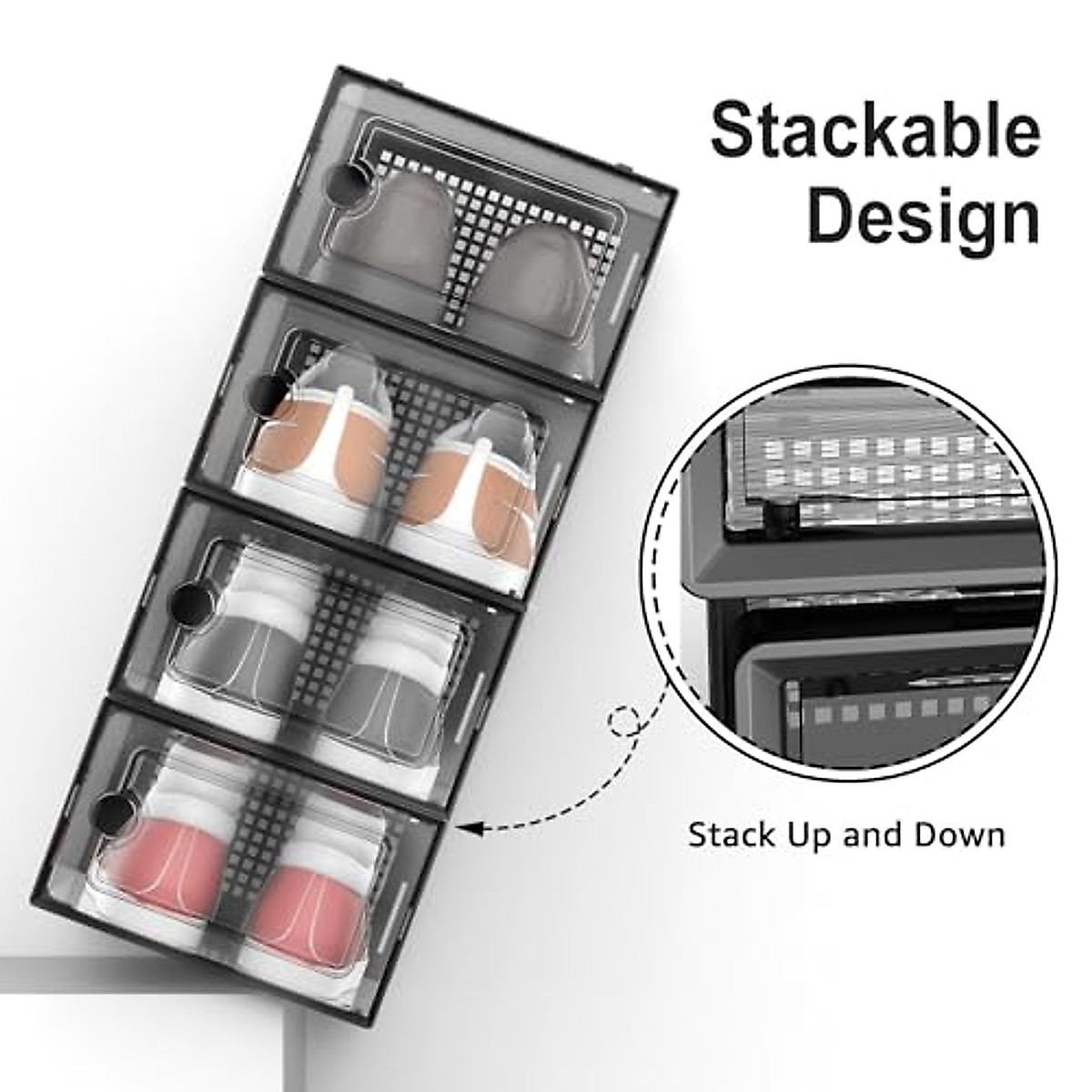 Potahouse Shoe Storage Organizer, 12 Pack X-Large Clear Plastic Stackable Shoe Boxes with Lids, Fit Size 11-12, Sneaker Containers Bins Space Saving for Entryway Closet Floor, Black