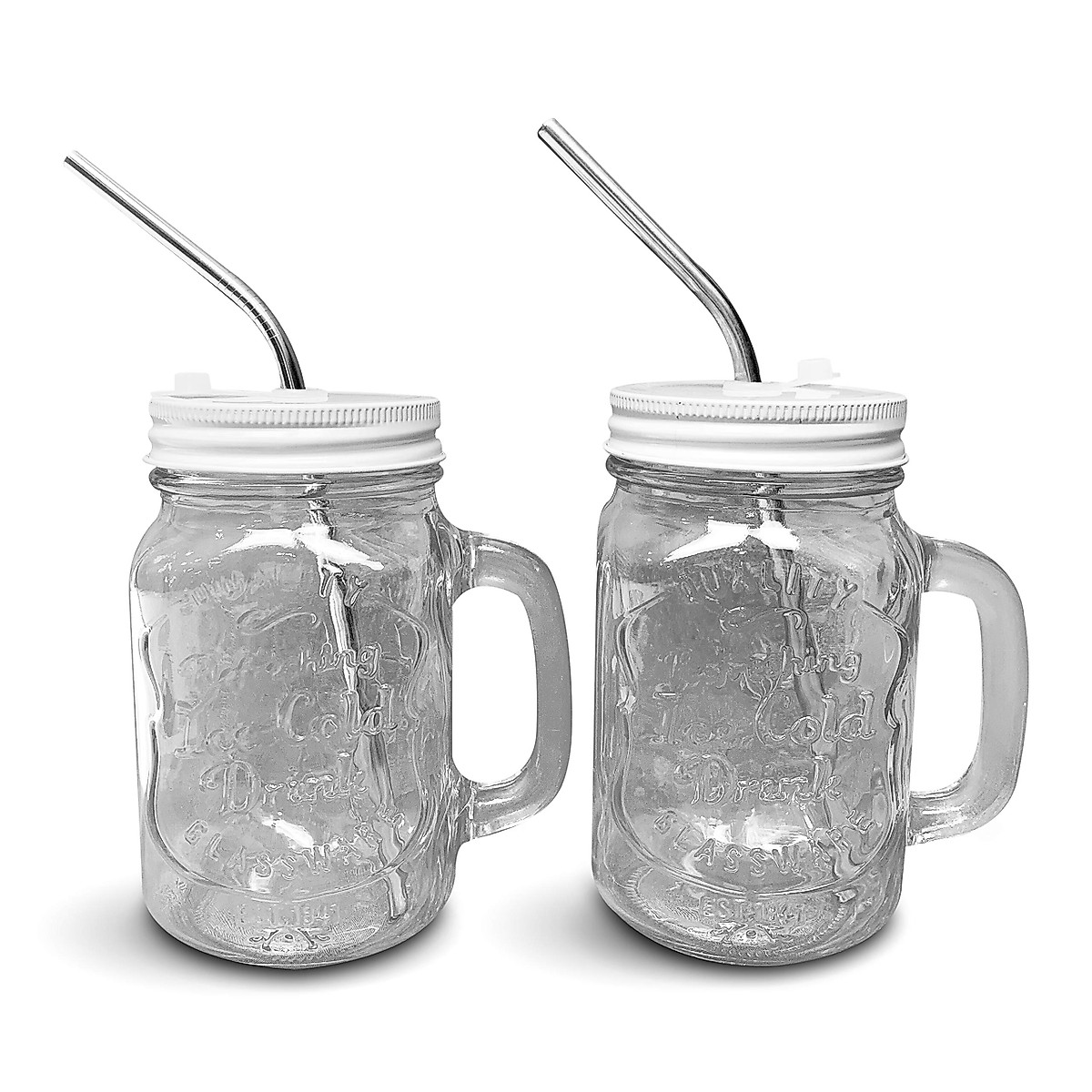 Home Suave Mason Jar Mugs with Handle, Regular Mouth, White Lids with 4 Reusable Stainless Steel Straw, Set of 4 (White), Kitchen GLASS 16 oz Jars, Dishwasher Safe