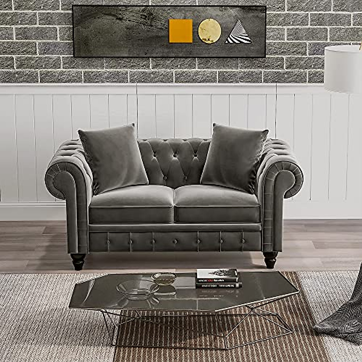 OYN 63" Chesterfield Sofa & Couch Deep Seat Button Tufted Velvet Loveseat Upholstered 2 Seater Sofa Classic Roll Arm, 2 Pillows Included, Grey