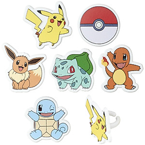 DecoPac Pokémon Rings, Cupcake Decorations With Pikachu, Bulbasaur, Eevee, Charmander, Squirtle, and Poké Ball, Multicolored Food Safe Cake Toppers – 24 Pack