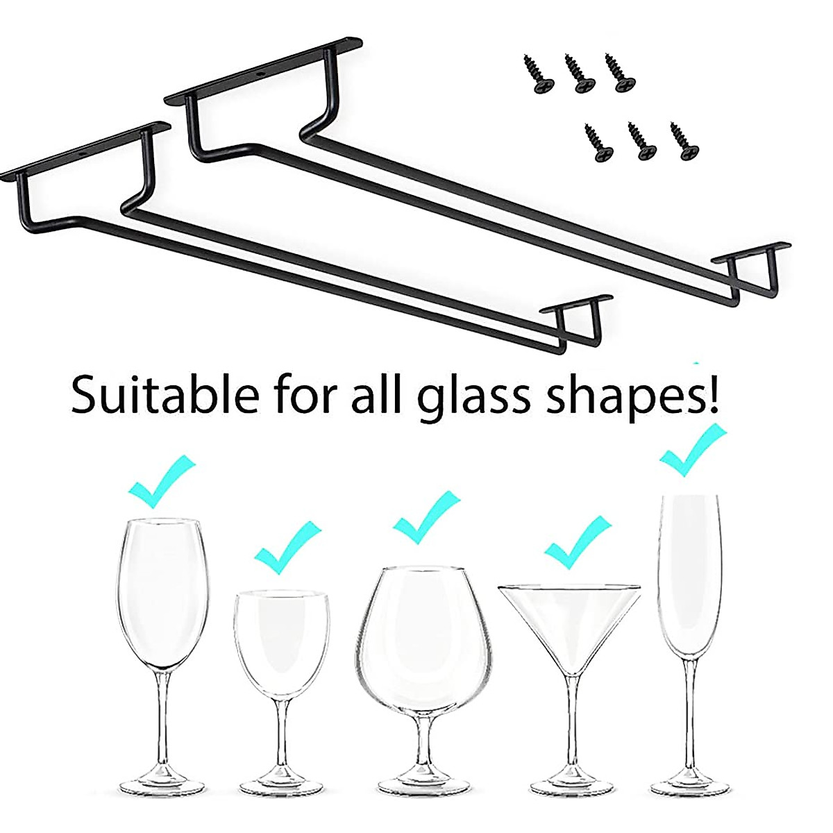 SARYRLIN Wine Glass Holder Rack 15.7 Inch 2 PCS,Wall Mount Hanging Iron Stemware Rack Under Cabinet Organization and Storage ,Wine Glass Hanging Rack for Cabinet Kitchen or Bar (Black)