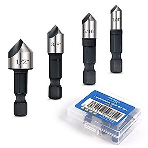 amoolo Countersink Drill Bit Set 4pcs (1/4”-1/2”), Countersink Bits for Wood, Hex-Shank Quick Change 82 Degree Counter Sinker Drill Bit for Woodworking, Fiberboard, Plywood, Plastic, PVC