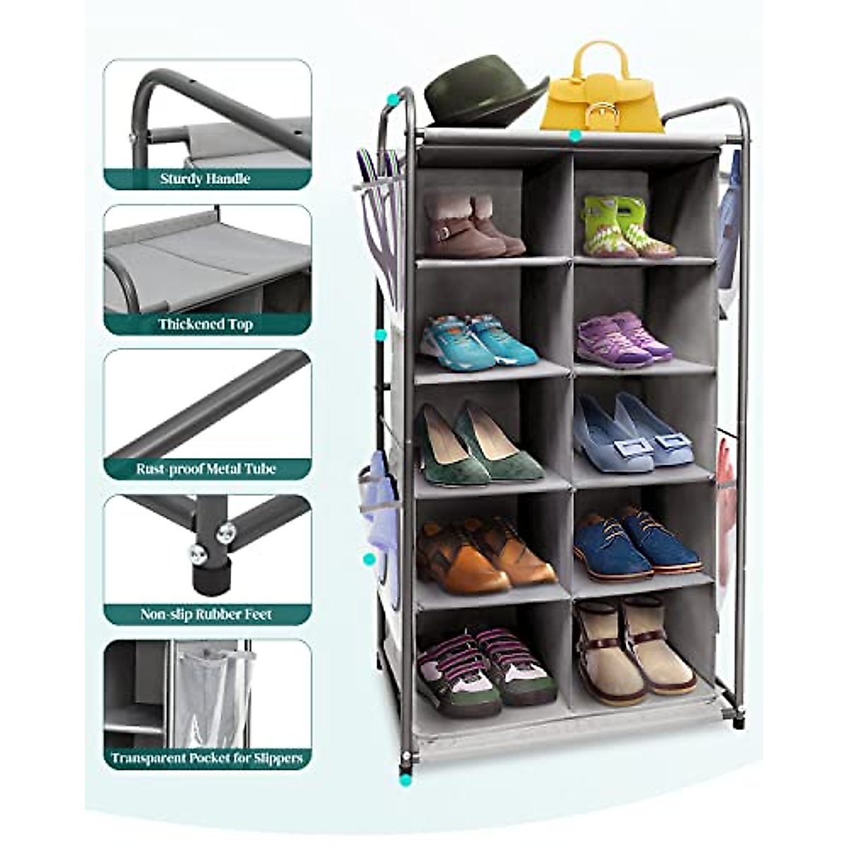 MULISOFT Shoe Cubby, Stackable Shoe Cubby Storage with 8 Pockets, 10-Cube Shoe Organizer Cubby with Top Storage and Handle, Shoe Rack for Closet, Small Space, Entryway, Bedroom, Dorm