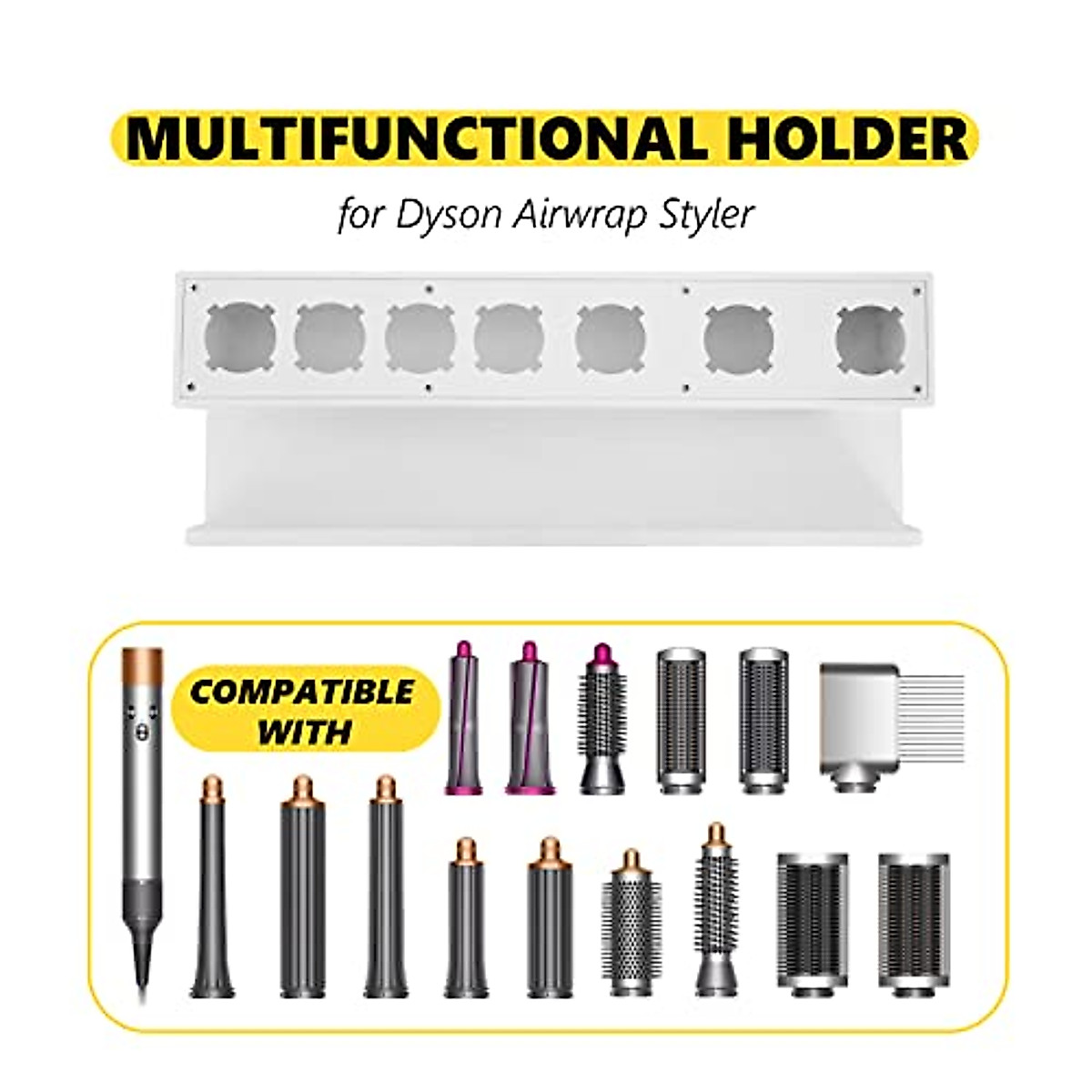 Storage Holder for Dyson Airwrap, Farmhouse Curling Iron Accessories Rack Wall Mount, Wood Hair Wrap Styler Tools Holder, Vacuum Attachments Display Stand for Bathroom Organizer (White)