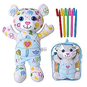 DRAWMYTOY Coloring Plush Toy with 5 Washable Markers for Little Girls Doodle Dolls for Kids Ages 4-6 Birthday (Pants Bear)
