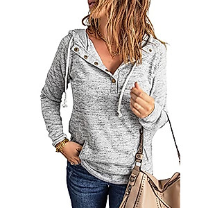 Dokotoo Womens Ladies Winter Fall Button Collar Solid Color Long Sleeve Knit Drawstring Hooded Tunic Sweatshirts Hoodies for Women Pullover Casual Fashion T-Shirts Tops with Kangaroo Pockets Grey L