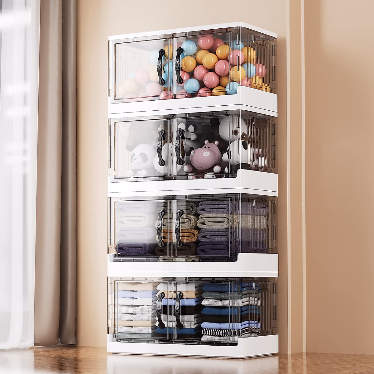 Mihoho Large Storage Bins with Lids, 46-Gal Stackable Plastic Storage Box with Wheel, 4 Packs Storage Containers for Closet Office Organizing, Clothes, Books, Folding Storage Box Set