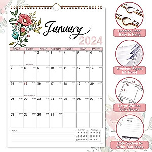 2024 Wall Calendar - Calendar 2024, Monthly Calendar from Jan. 2024 - Dec. 2024, 12'' × 17'', Vertical Calendar 2024 Monthly with Twin-Wire Binding, Large Writing Block, Perfect for Planning and