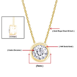 THE JEWEL ZONE 14K Solid Yellow Gold Pendant Necklace, Bezel Set 1 Carat Round Cut Cubic Zirconia Solitaire Pendant Necklace For Women With 18" Gold Chain necklace