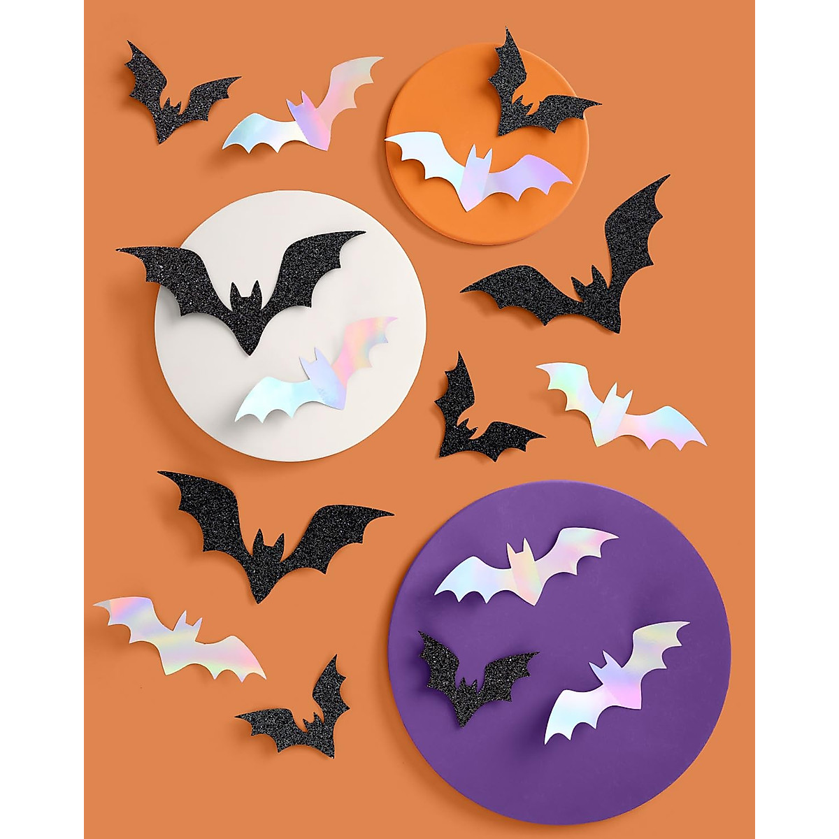 xo, Fetti Halloween Bat Wall Decor - 50 pcs. | Spooky Season Decoration, Haunted House Party Signs, Adhesive Bat Decor, Black and Silver Backdrop