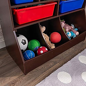 KidKraft Wooden Wall Storage Unit with 8 Plastic Bins and 13 Compartments, Espresso, Gift for Ages 3+