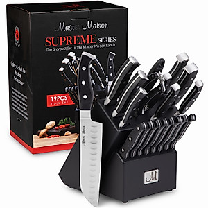 Master Maison Premium 19-Piece Kitchen Knife Set With Wooden Storage Block And Cleaver Knife Set With Edge Guard Cover And Gift Box | German Stainless Steel, Black