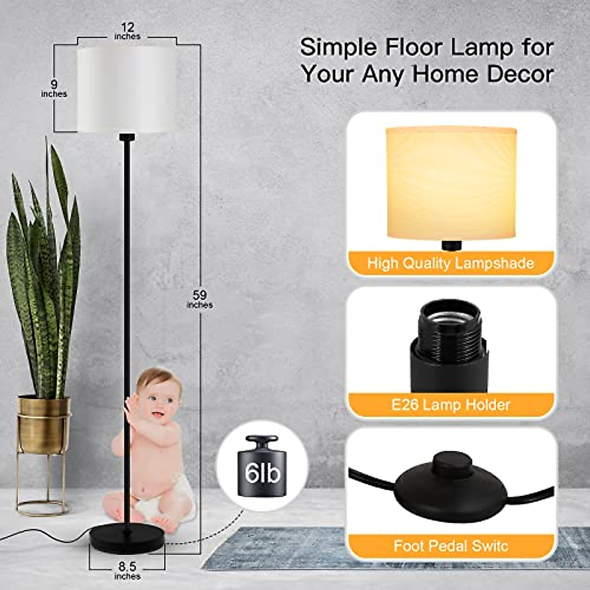 Floor Lamps for Living Room, Modern Standing Lamp with Bulb(12W, 2700K), White Lamp Shades, Foot Switch, Simple Pole Lamps Tall Lamp for Bedroom,Office/Living Room/Nightstand, Boho Reading Floor Lamp