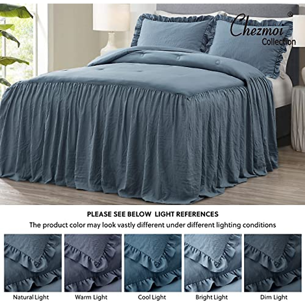 Chezmoi Collection Aria 3-Piece Pinch Pleat Pintuck Ruffle Skirt Bedspread Set - French Country Chic Farmhouse - California King, Dusty Blue