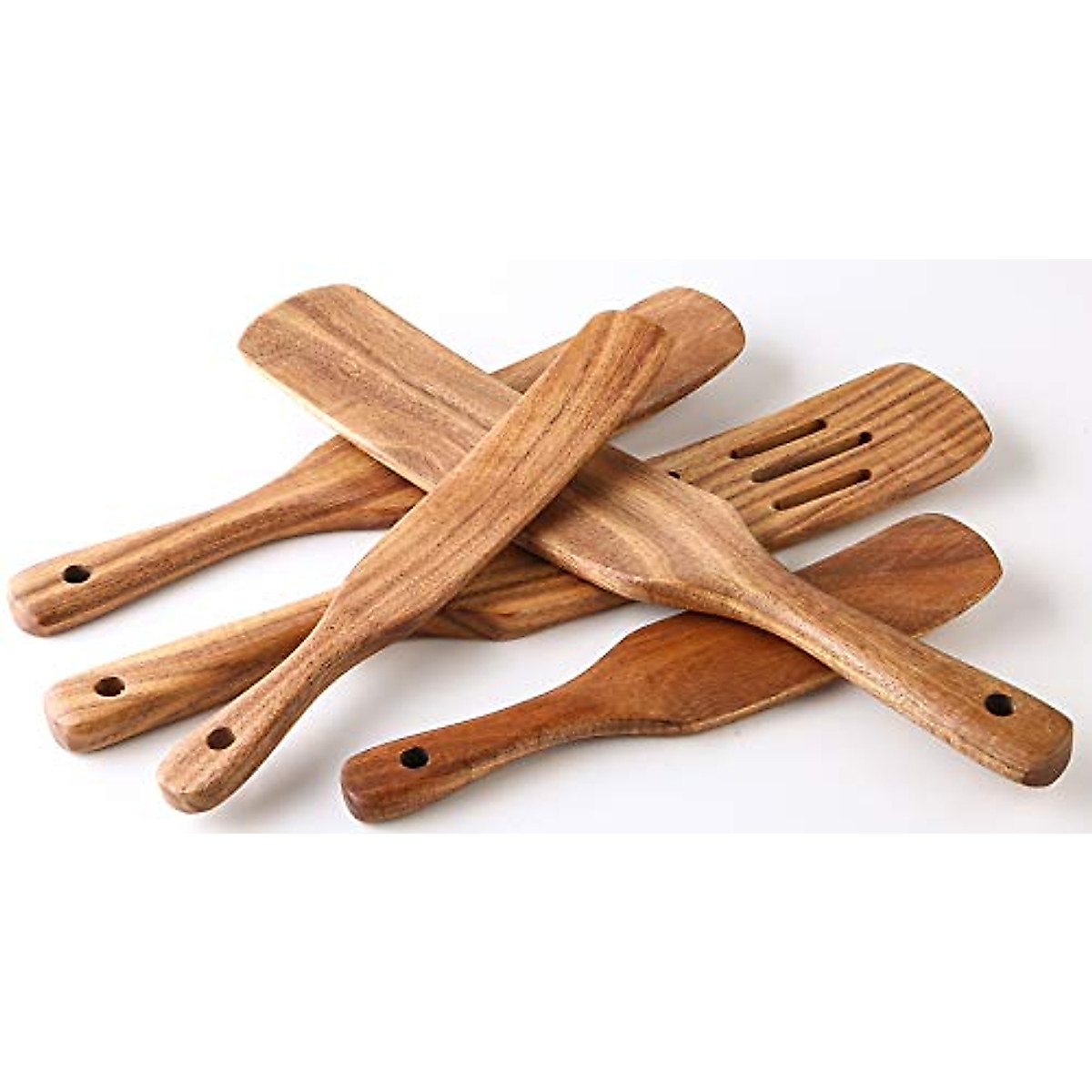 5 Pcs Wooden Spurtles Set for Cooking, NAYAHOSE Natural Teak Wood Slotted Spurtles for Stirring, Mixing, Serving, Non-Stick Heat-Resistant Kitchen Utensils Tools