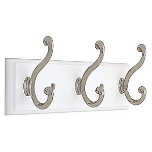 129854 Coat Rack, 10-Inch, Wall Mounted Coat Rack with 3 Decorative Hooks, Satin Nickel and White