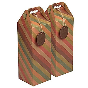 JAM PAPER Wine Gift Boxes with Tag - 4 4/5 x 4 4/5 x 12 1/2 - Striped Kraft Christmas Colors Recycled - 2/Pack