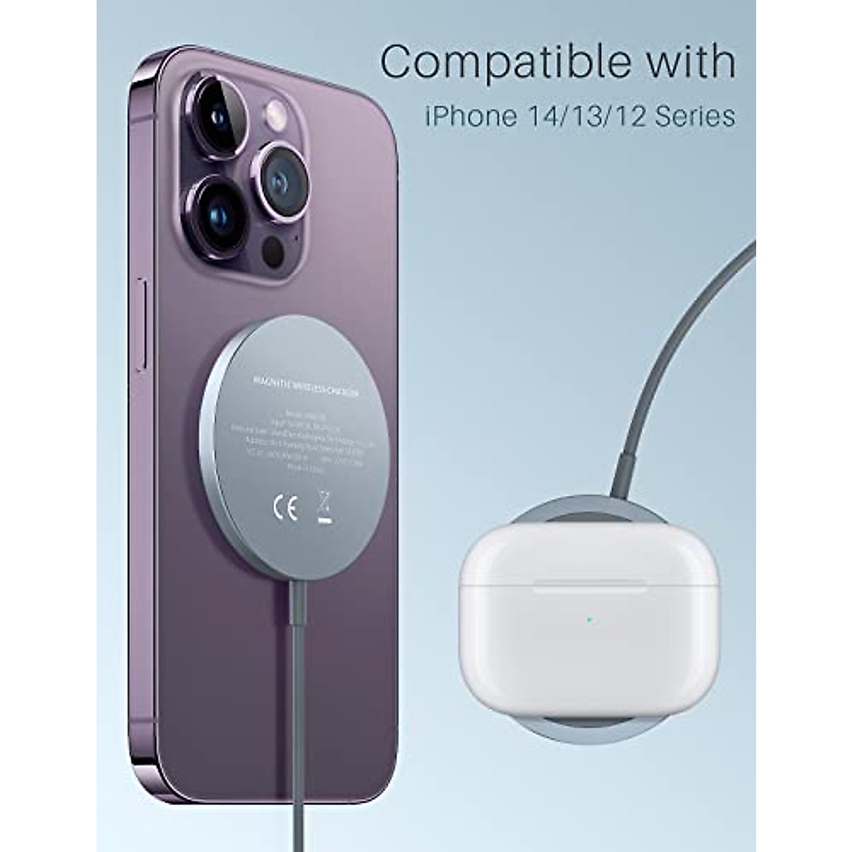 Compatible with MagSafe Charger for iPhone 14 - Mag Safe Magnetic Wireless Charger Pad for iPhone 14/14 Pro/14 Plus/14 Pro Max/13/13 Pro/13 Pro Max/13 Mini/12,[1 x USB C to USB Adapter][No AC Adapter]