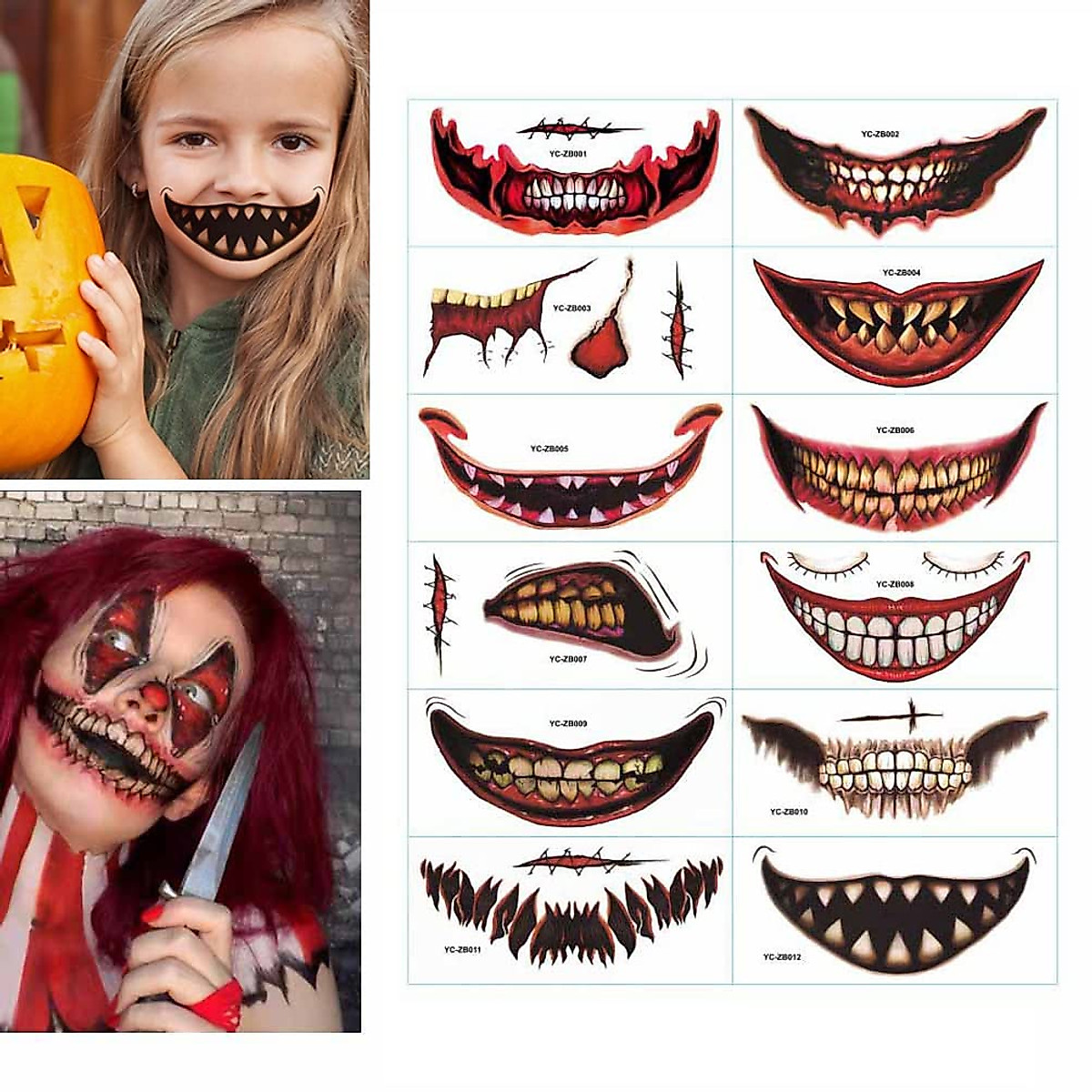 Aaiffey 12PCS Halloween Clown Horror Mouth Tattoo Stickers,Halloween Temporary Tattoos Face Decals Prank Props for Halloween Cosplay Party Decorations