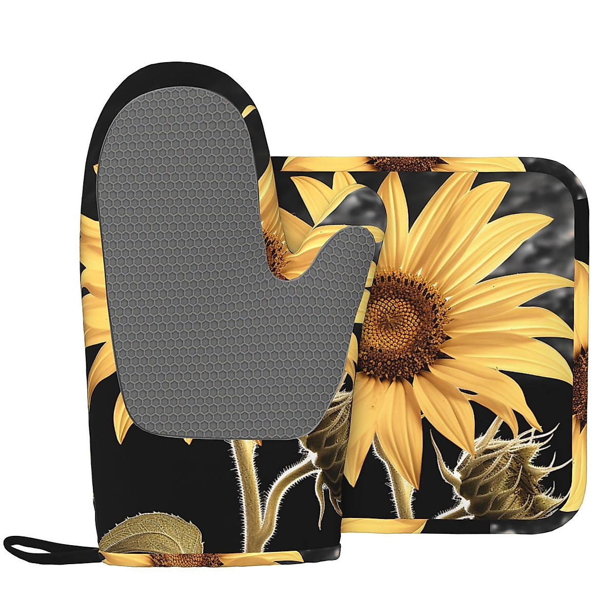 Sunflower Printed Oven Mitts and Pot Holders Sets Heat Resistant Kitchen Oven Gloves Potholders Set Extra Long Non-Slip Silicone Gloves for Cooking Baking BBQ