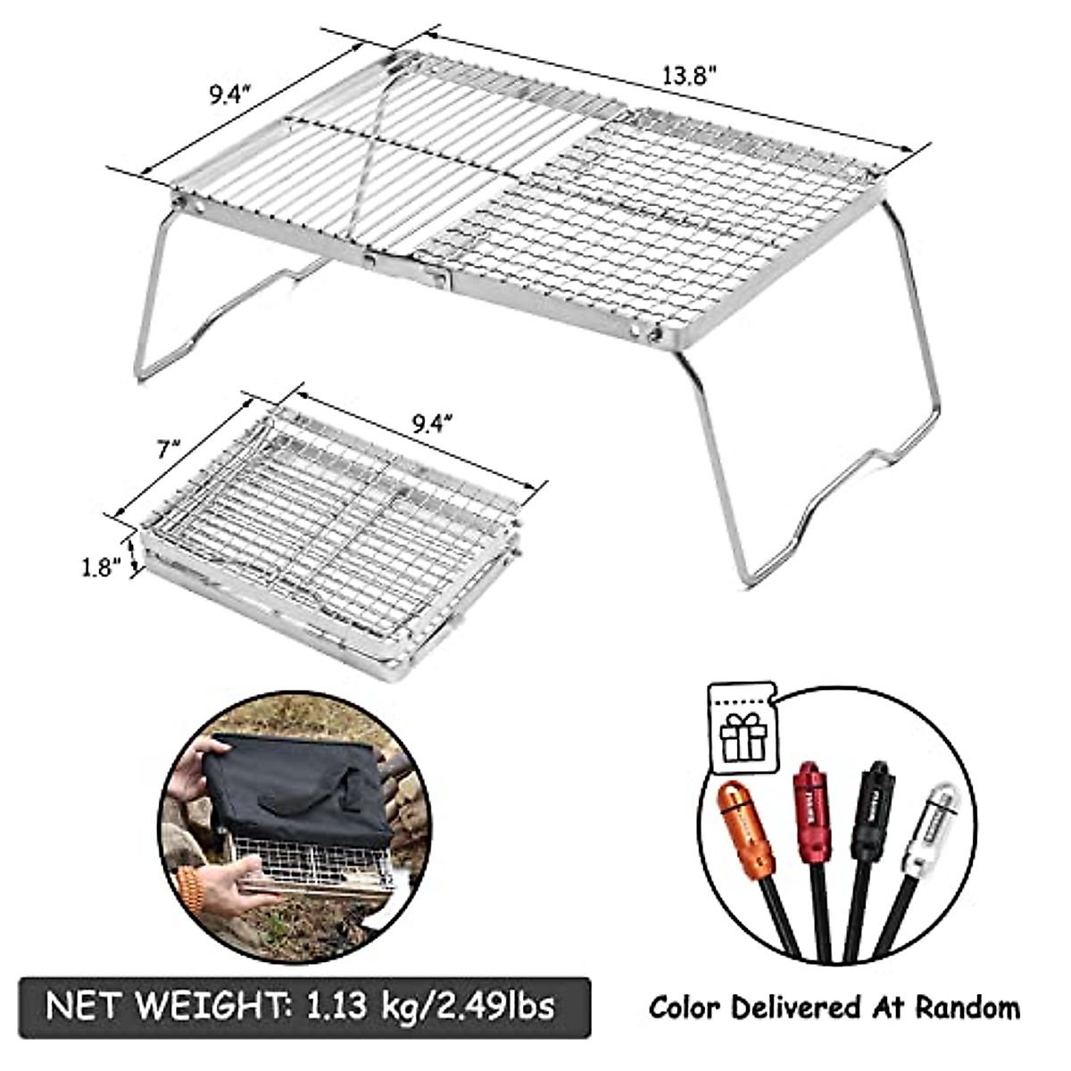 PSKOOK Folding Campfire Grill, Portable Camping Grill Grate, 304 Stainless Steel Camp Fire Cooking Racks for Compact Storage, BBQ Grill for RV Camping, Hunting trip, Bushcraft, Picnics, Fishing