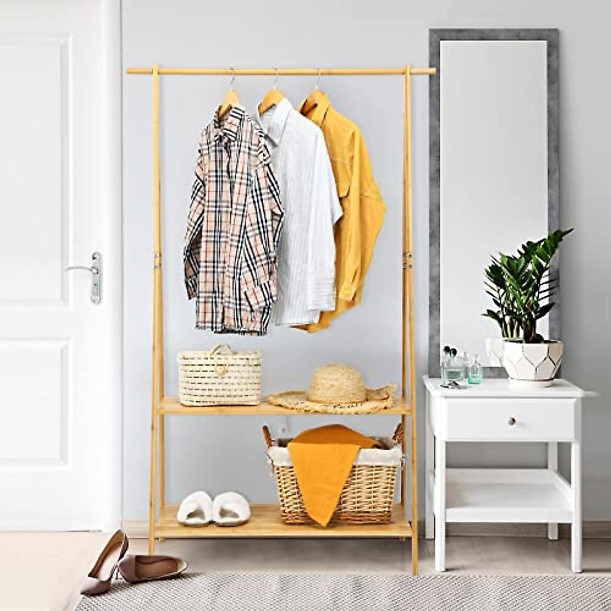 Tangkula Bamboo Garment Rack, Freestanding Clothes Rack with 2-Tier Storage Shelves, Easy Assemble, Space-Saving Clothing Rack for Entryway, Bedroom (Natural)