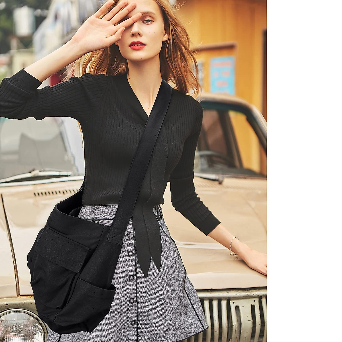 Canvas Messenger Bag Large Hobo Crossbody Bags with Multiple Pockets,School Vintage Shoulder Laptop Bag for Women and Men-Black