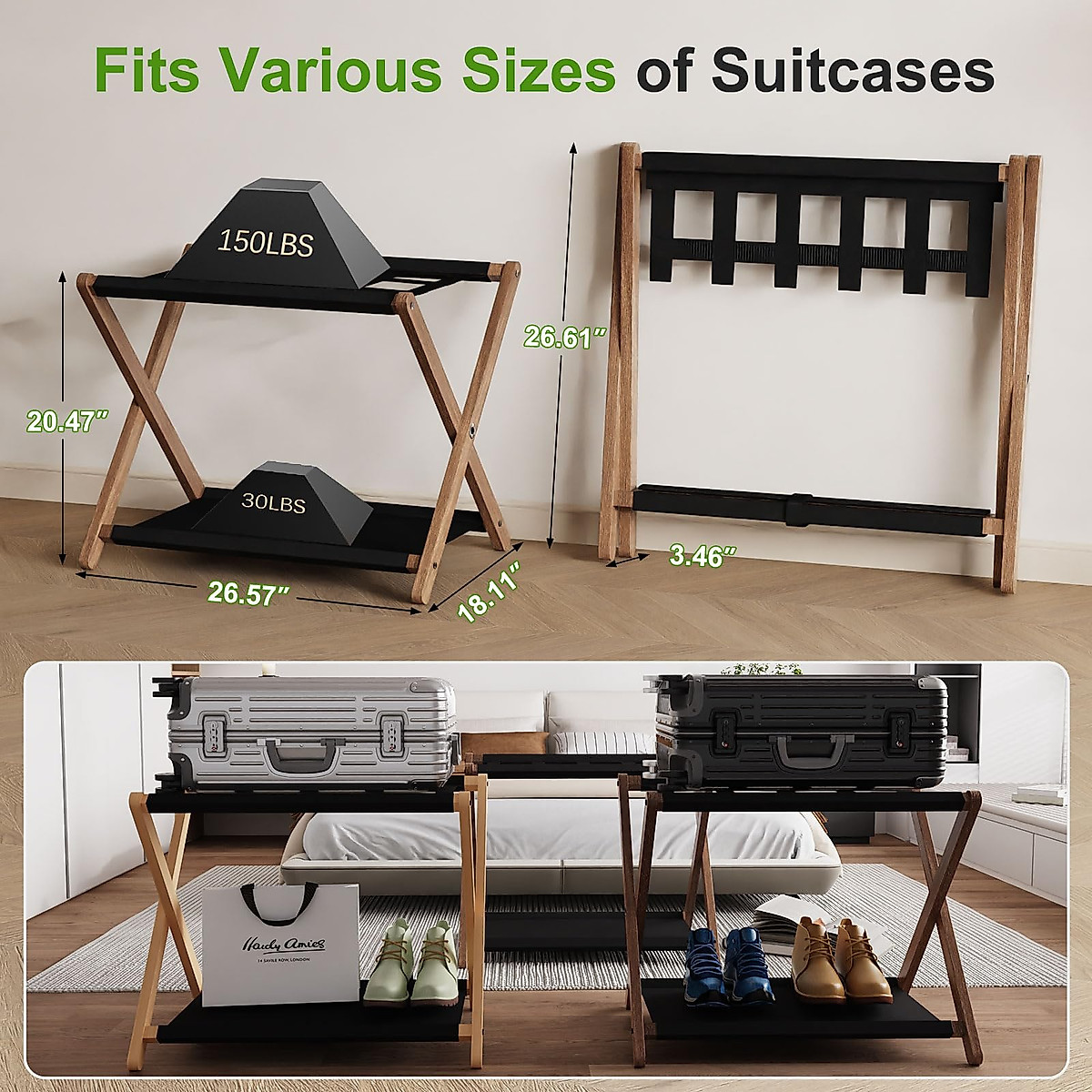 Kweetle Luggage Rack for Guest Room,1- 2 Pack Wood Suitcase Racks with Nylon Straps & Storage Shelf, Holds up to 180lbs, Folding Travel Hotel Luggage Stand (Walnut)