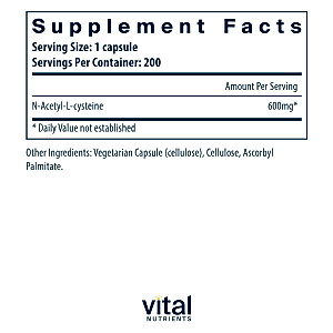 Vital Nutrients NAC 600mg | N-Acetyl Cysteine | Vegan NAC Supplement | Antioxidant for Sinus, Liver, Immune, and Respiratory Health* | Gluten, Dairy, Soy Free | 200 Capsules