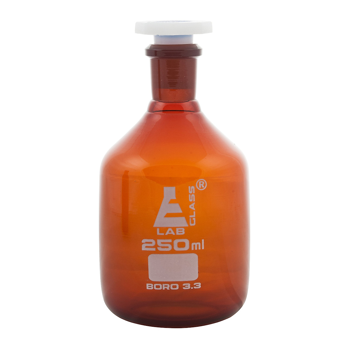 EISCO Labs 250ml Amber Reagent Bottle, Narrow Mouth with Acid Proof Polypropylene stopper, socket size 19/26