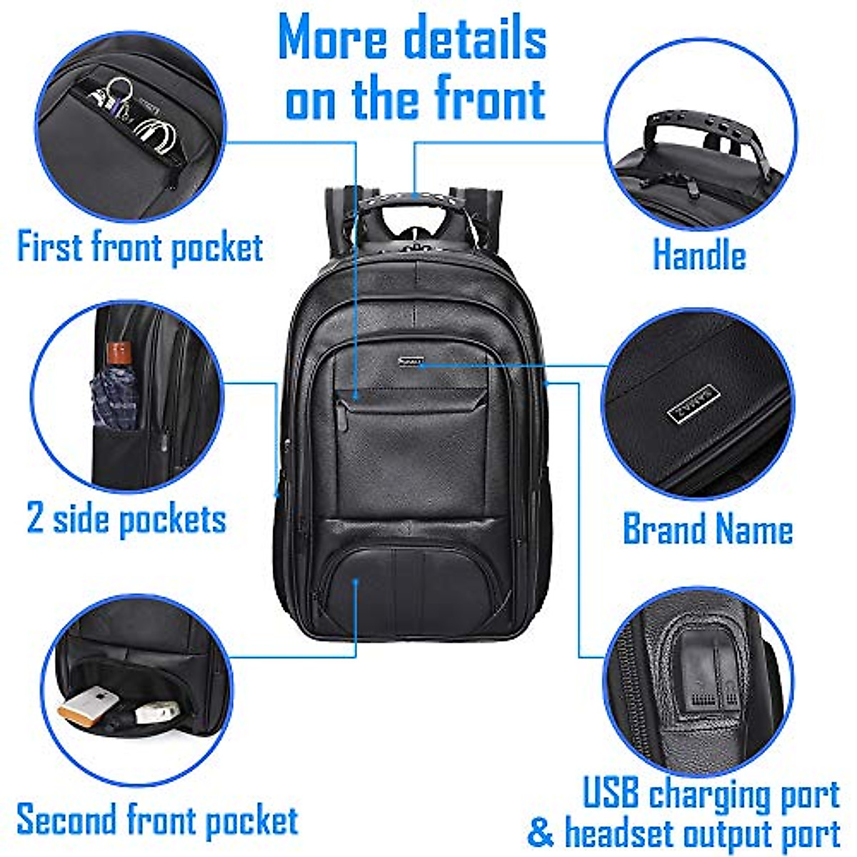 Laptop Backpack Waterproof Leather Backpacks with USB port fit 15.6" Laptops for Men and Women Travel Daypack Backpack Black (Shcool Backpack)