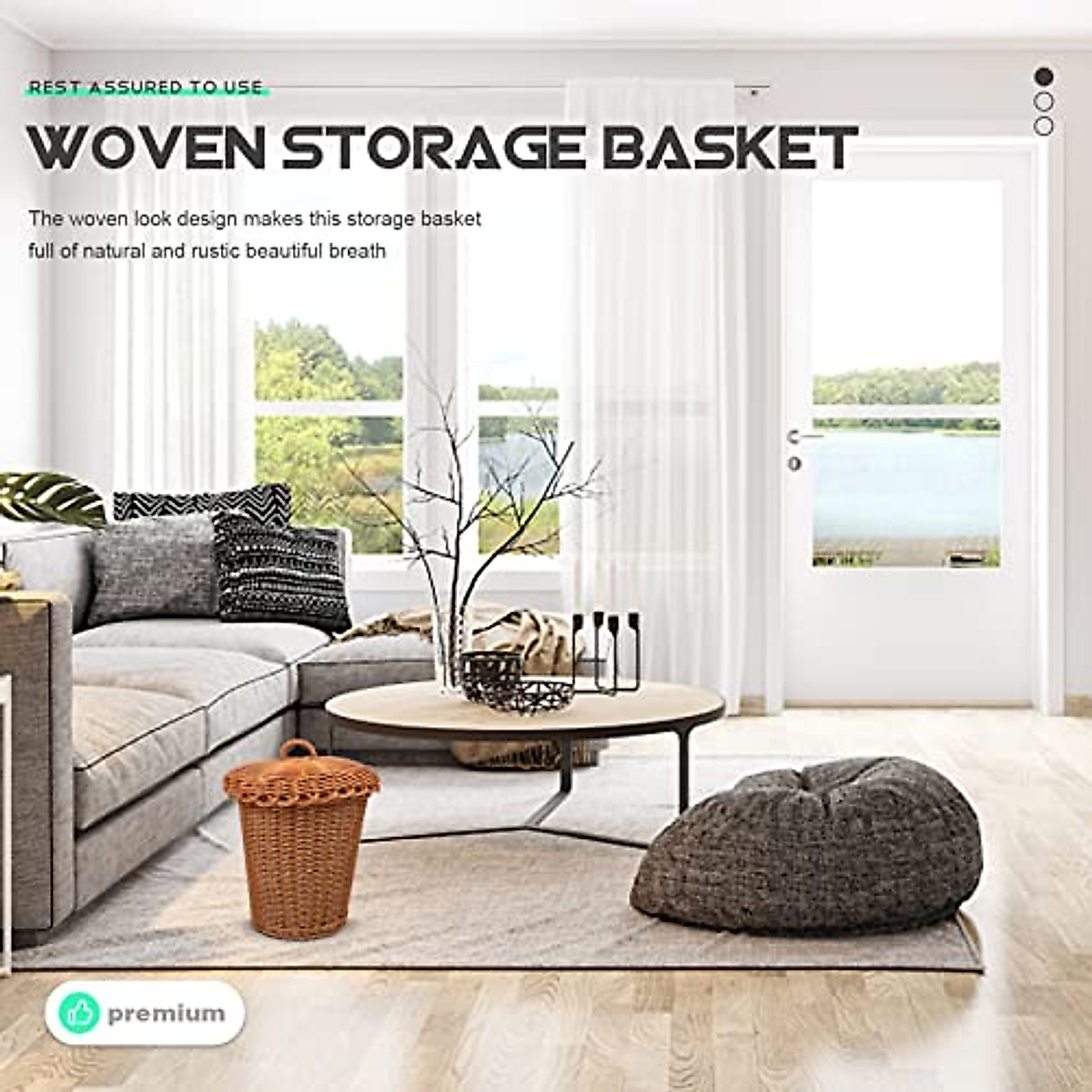 Operitacx Baskets Rattan Wastebasket Round Waste Bin with Lid Farmhouse Trash Can Garbage Container Laundry Sundries Bins for Kitchen Living Room Bedroom Bathroom Straw Container