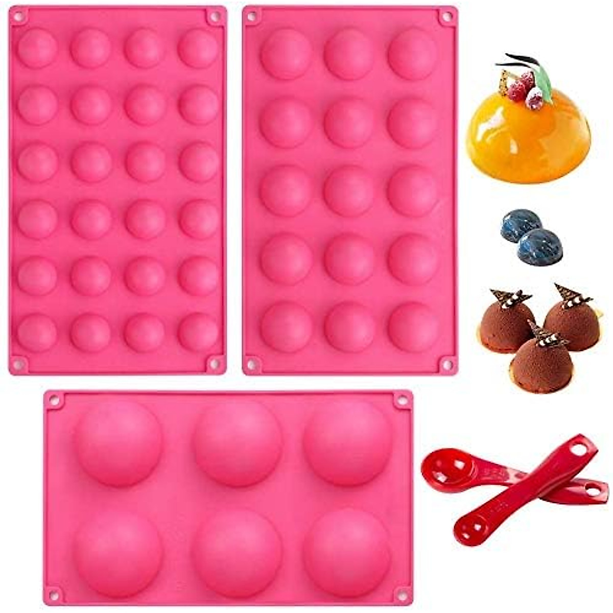 Webake Hot Chocolate Bomb Mold 3 Pack Silicone Round Sphere Baking Mold, Hemisphere Molds For Halloween Eyeball Candy Jello Mousse Cake Decoration, LFGB Grade (6,15 & 24 Holes) Include 2 Filling Scoop