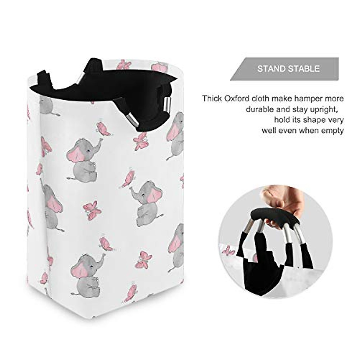 AGONA Cute Elephants Pink Butterflies Laundry Basket with Handles Large Storage Bin Collapsible Fabric Laundry Hamper Foldable Laundry Bag for Kids Room Toy Bins Gift Baskets Bedroom Baby Nursery