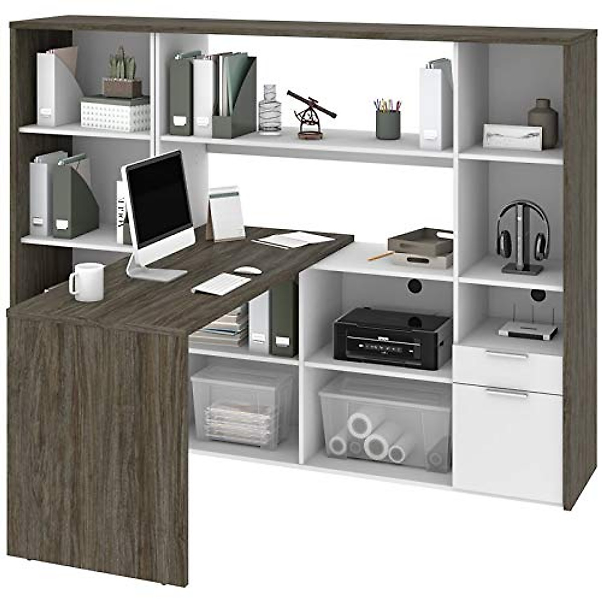 Bestar Gemma 2-Piece Set Including One L-Shaped Desk with Hutch and One Bookcase in Walnut Grey & White