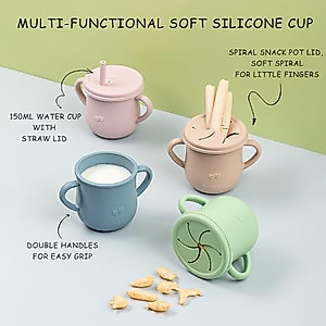 Vivalada Silicone Baby Feeding Set - Baby Led Weaning Supplies, Baby Suction Plate with Lid and Bowl, Toddler Self Feeding Spoons Forks Sippy Cup Adjustable Bib, Baby Utensils for 6-12 Months (Beige)