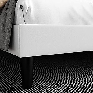 SHA CERLIN Queen Size Bed Frame with Button Tufted Headboard, Faux Leather Upholstered Mattress Foundation, Platform Bed Frame, Wooden Slat Support, No Box Spring Needed, White