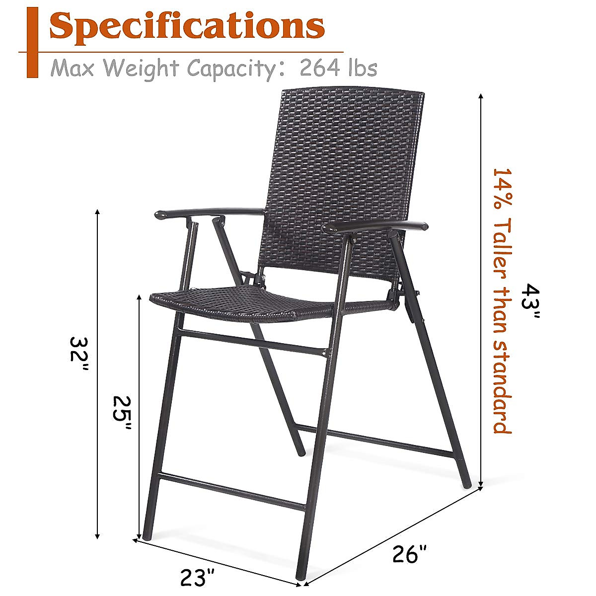 S AFSTAR Folding Wicker Chair Set of 4, Portable Tall Rattan Chairs for Patio Balcony Backyard, Folding Patio Chair with Armrests