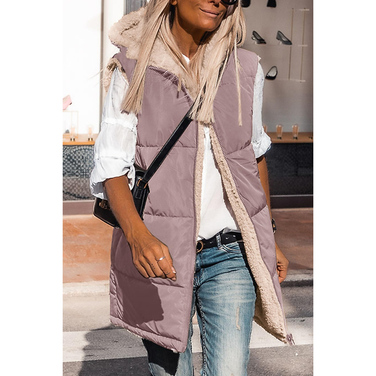 PRETTYGARDEN Womens 2024 Fall Reversible Vests Sleeveless Fleece Jacket Zip Up Hoodie Pockets Long Warm Winter Coat Outerwear (Bean Paste Pink,Medium)