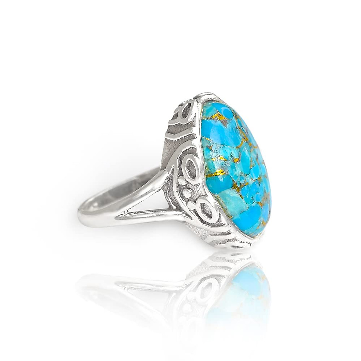 YoTreasure Blue Copper Turquoise Oval Shape Statement Ring 925 Sterling Silver Gemstone Jewelry