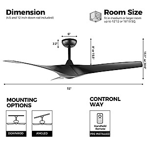 WINGBO 52" DC Ceiling Fan without Lights, Matte Black Ceiling Fan with Remote, 3 Curved ABS Blades, Noiseless Reversible DC Motor, Modern Ceiling Fan for Kitchen Bedroom Living Room, ETL Listed