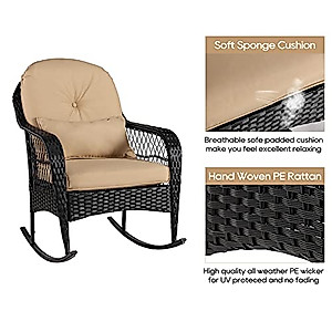 B BAIJIAWEI Outdoor Wicker Rocking Chair All Weather Wicker Rocker Chair with Cushions for Garden Patio Yard Porch Lawn Balcony Backyard (1PC-Black Wicker-Khaki)