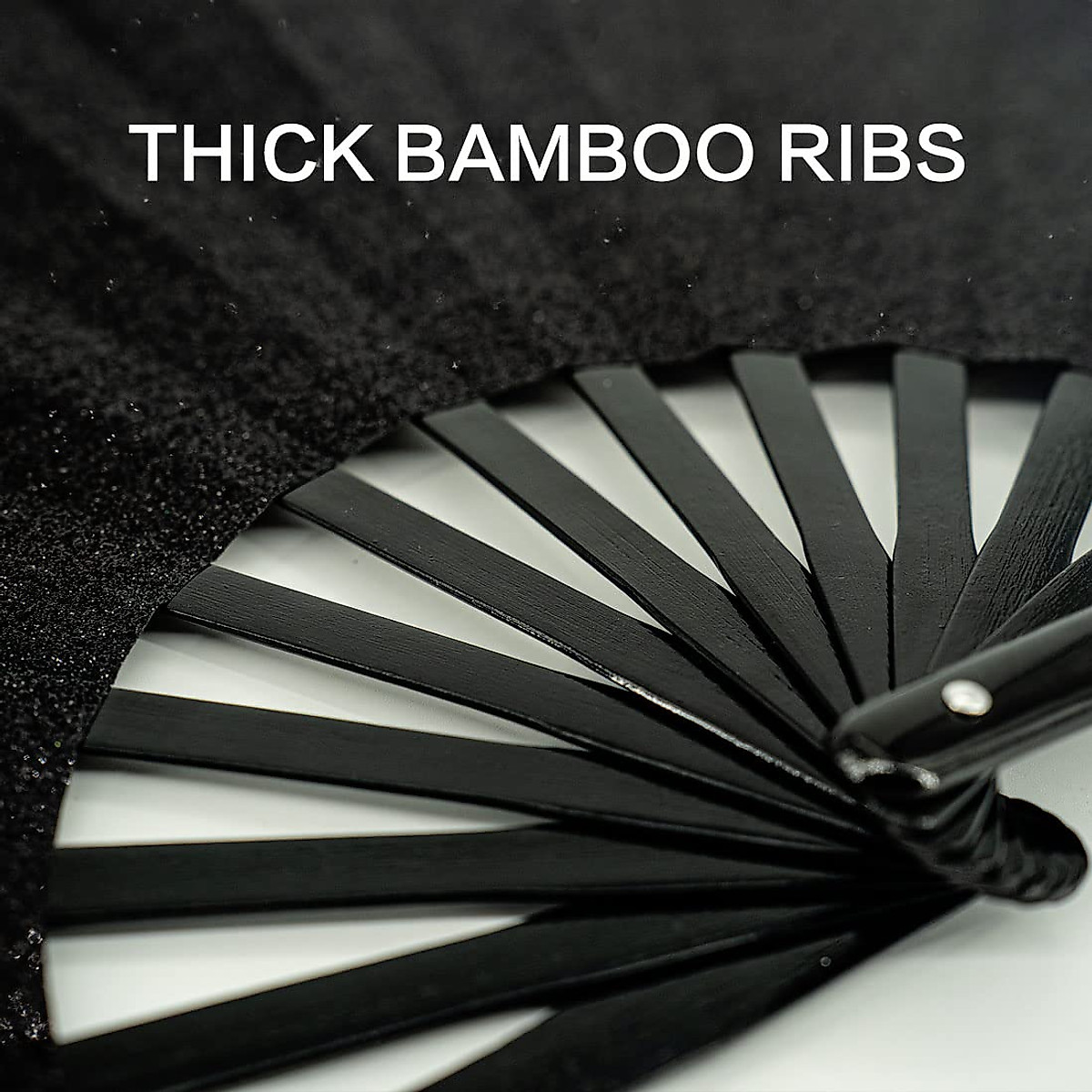 Raveahem Glitter Large Rave Folding Clack Hand Fan with holster for men/women Handheld Fan for EDM,Festival,Club,Party,Dance (Blk)