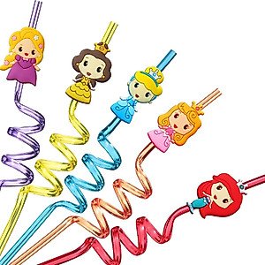 Lidmada 25Pcs Princess Party Favors Straws with 2 Cleaning Brushes, 5 Designs Reusable Plastic Straws Great for Princess Themed Birthday Party Supplies for Girls Kids